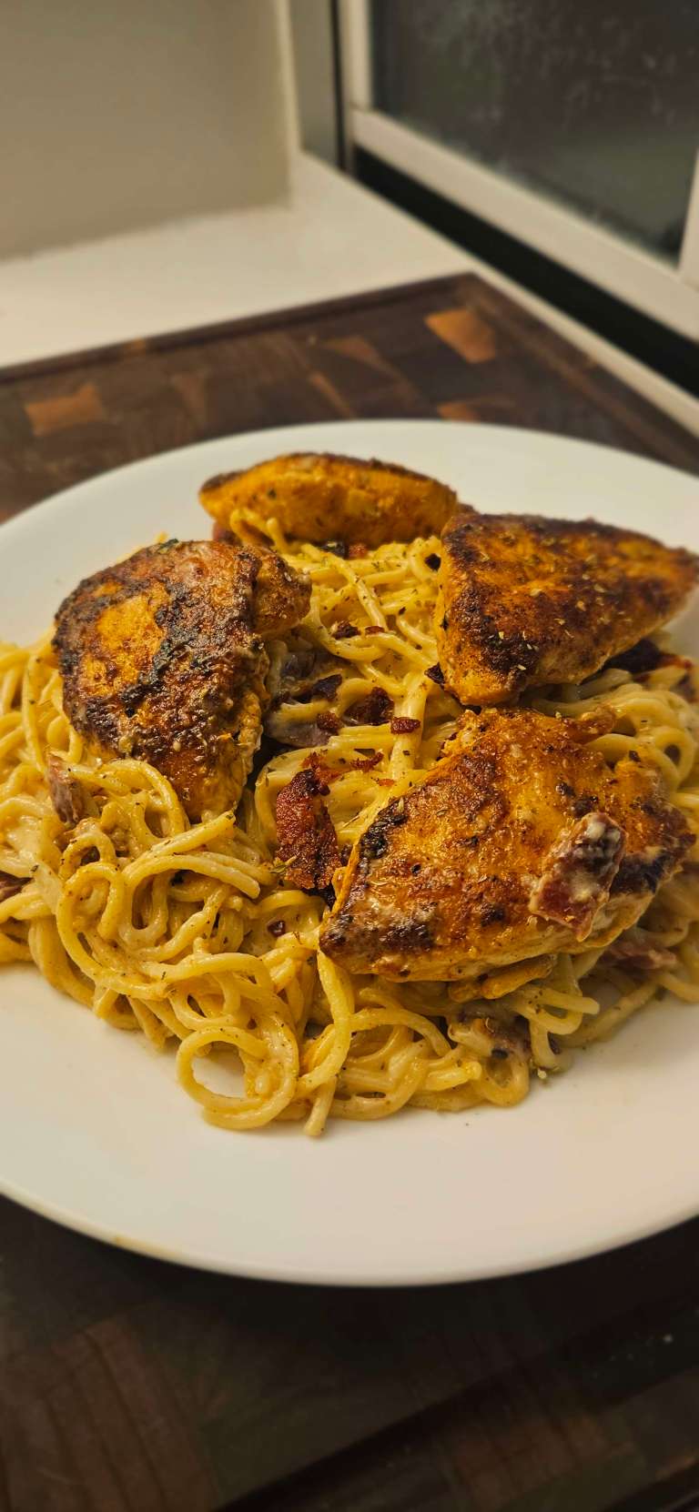 Lazy Man’s Blackened Chicken Carbonara – Cravings & Comfort